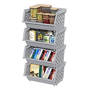 Udotry 4 Packs Plastic Stackable Storage Bins, Large Stacking Storage Baskets, Gray