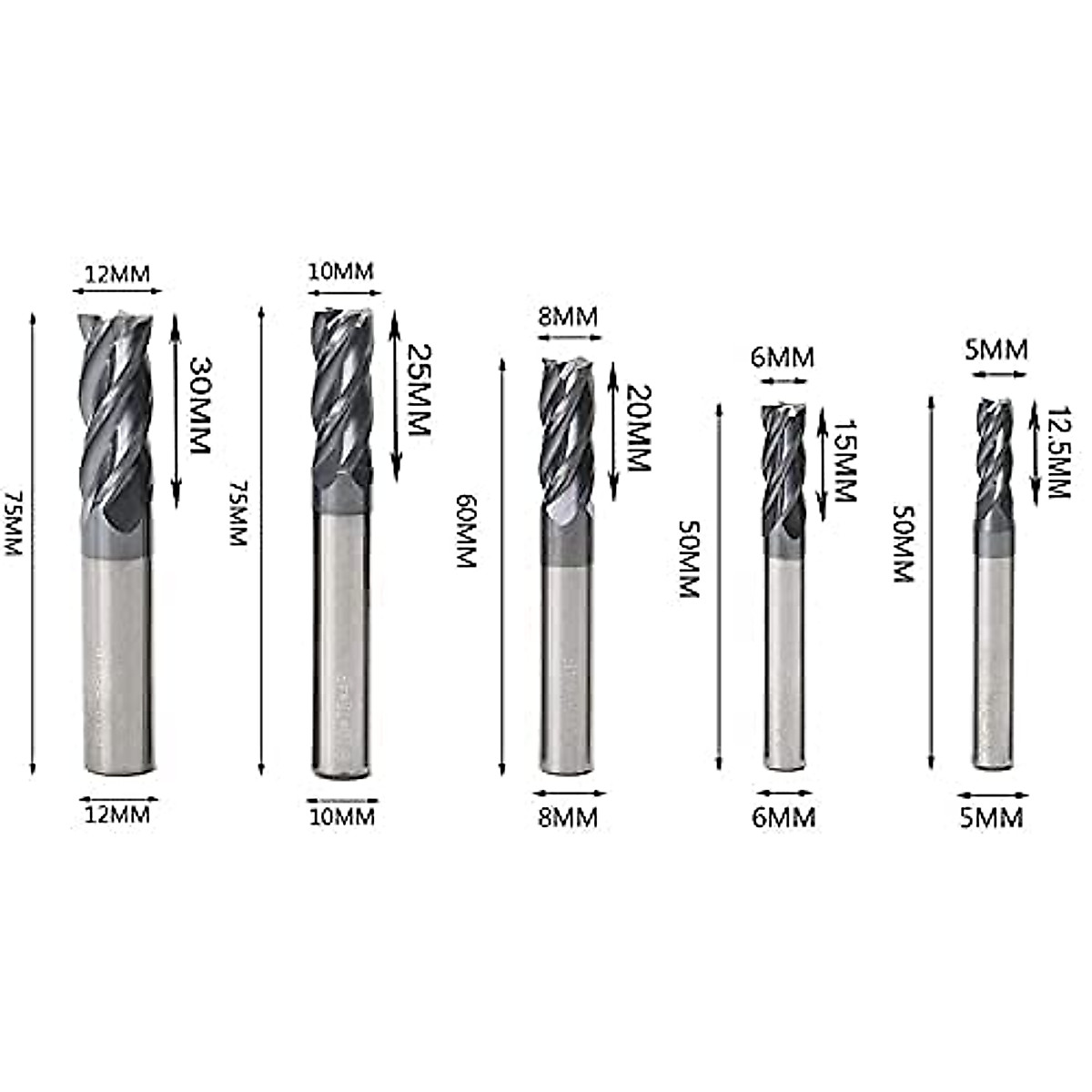CNC End Mill Set, Carbide Tungsten Steel 4 Fultes Milling Cutter, Router Bits Rotary Bits Tool Straight Shank 2-12mm 8pcs