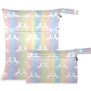 visesunny White Unicorn Colorful Rainbow 2Pcs Wet Bag with Zippered Pockets Washable Reusable Roomy for Travel,Beach,Pool,Daycare,Stroller,Diapers,Dirty Gym Clothes, Wet Swimsuits, Toiletries