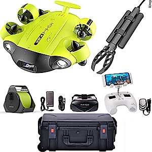 QYSEA FIFISH V6S Underwater Drone - Robotic Arm Claw + VR Box + 100M Cable + Spool + 64G SDcard + Industrial Case Bundle