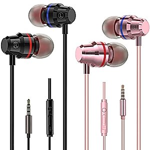 Earbuds Wired with Microphone Headphones Ear Buds,2 Pack Metal Earphones Mic with Volume Control Bass Noise Isolating(Rose Black)