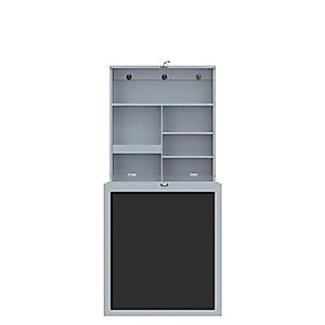 IFANNY Folding Wall Desk, Wall Mounted Fold Out Desk with Storage Shelves & Hooks, Hideaway Desk Wall Mount with Chalkboard, Floating Corner Desk for Small Spaces (Gray)