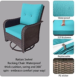 RTDTD 3 Piece Wicker Swivel Rocking Chair Set, Outdoor Patio Glider Chair with Glass Top Coffee Table, Conversation Furniture Sets Suitable for Patio, Lawn, Outdoor, Back Garden Blue