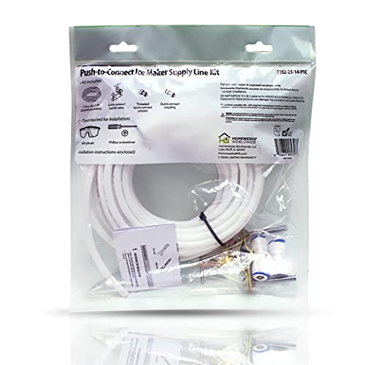 Homewerks 7252-25-14-PTC Ice Maker Supply Line and Humidifier Installation Kit 1/4-Inch x 25ft Push to Connect Poly Tube Universal Compatibility, Brass