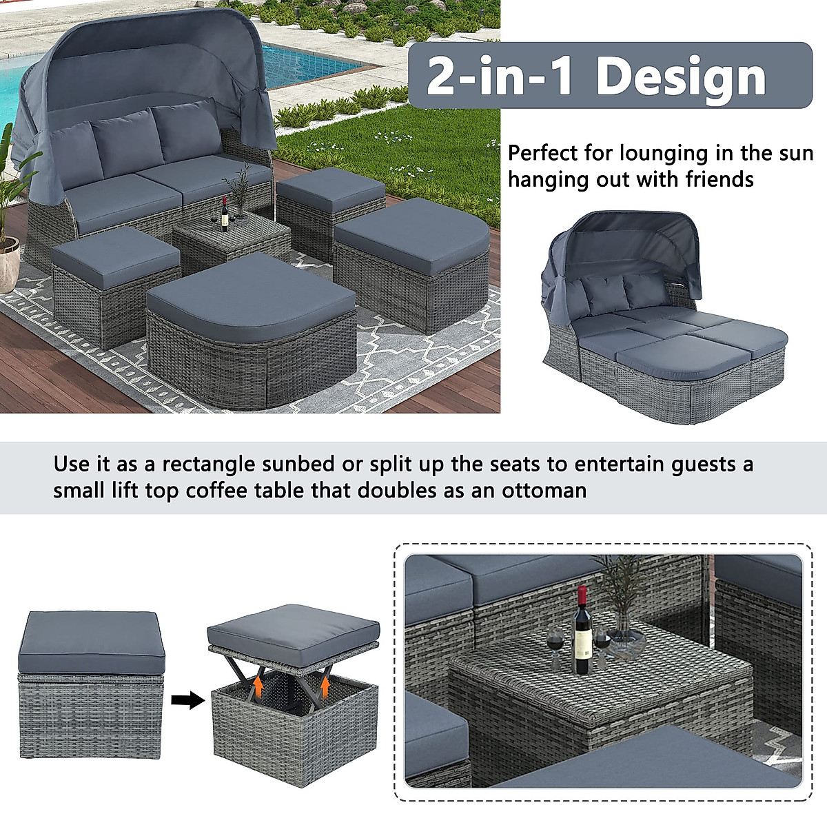 Merax Outdoor Patio Rattan Daybed Sunbed with Retractable Canopy, Sectional Conversation Sofa Set for Backyard and Porch, Grey
