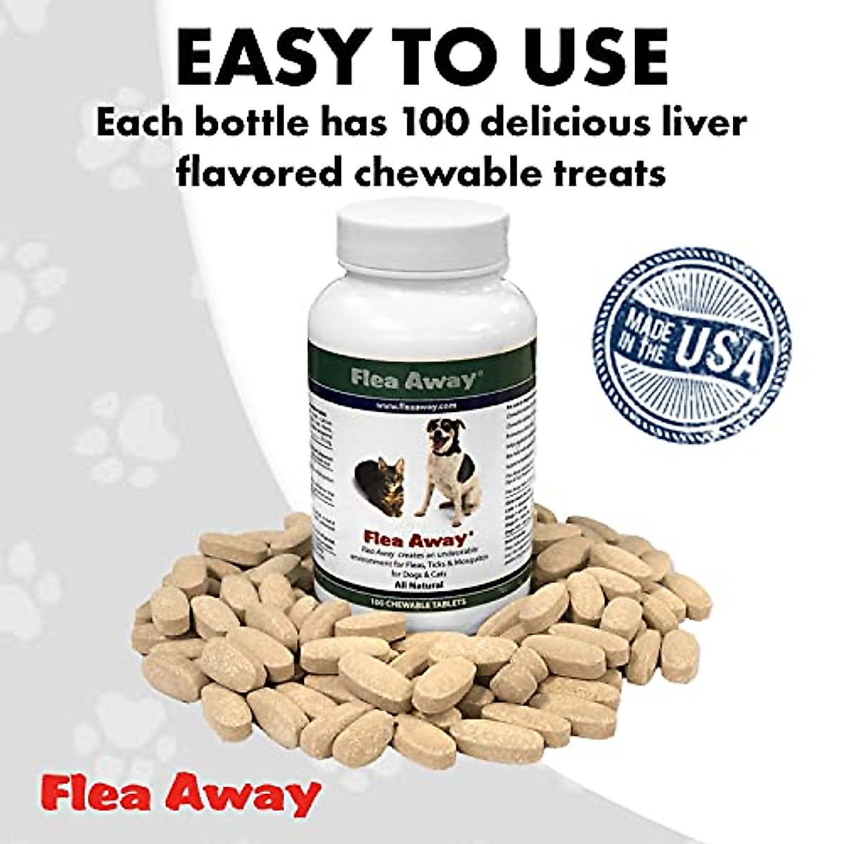 Flea Away All Natural Supplement for Fleas, Ticks, and Mosquitos Prevention for Dogs and Cats, 100 Chewable Tablets, 3 Pack