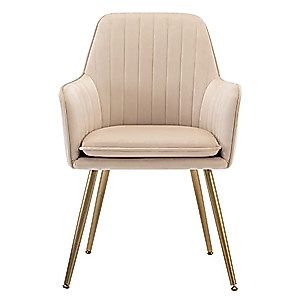 Gold Thumb Velvet Dinning Chair Set of 2 Mid-Back Accent Chair Modern Leisure Armchair with Gold Plating Legs Upholstered Living Room Chair (Beige-2PCS)