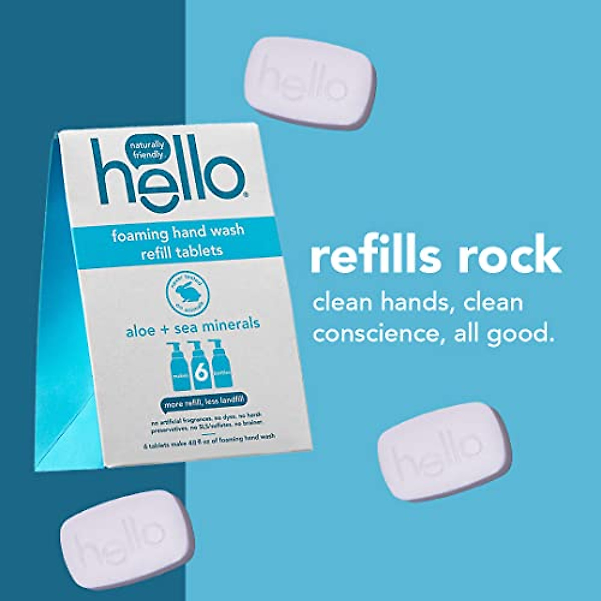 hello Foaming Hand Soap Tablets for Refilling, Dissolvable Hand Soap with Aloe and Sea Minerals Fragrance, Plant Based Soap Ingredients, No Harsh Preservatives, 6 Pack, 0.31 OZ Each