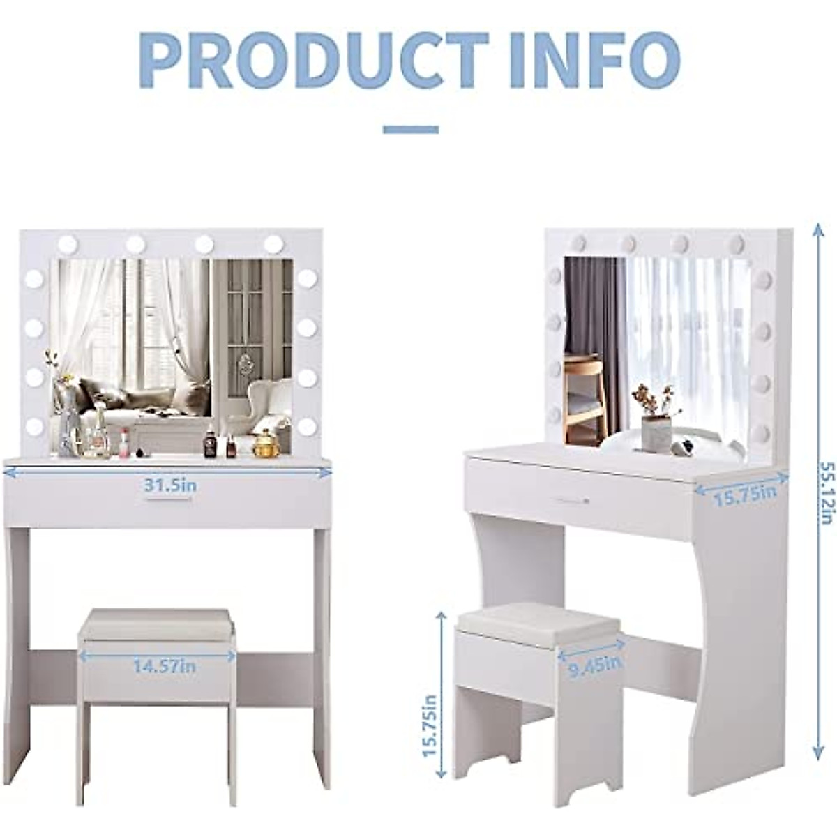Titoni Vanity Table Set with Lighted Mirror - Makeup Vanity with Lights, Adjustable Brightness, Large Drawer Sturdy Wood Vanity, White 80x40x140cm