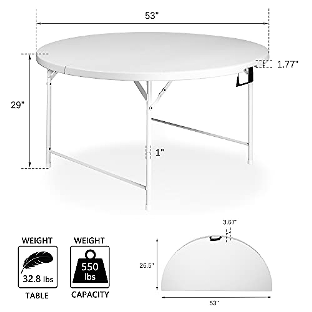 Vilobos Round Folding Table, 4.4-Foot 53” Dia Portable Plastic Table Comfortable for 6 to 8 Seat, Party Banquet Table for Conference Card Camping Wedding Dining Outdoor Picnic Family Festival Events