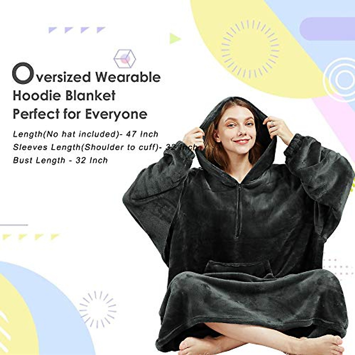 Hilarocky Blanket Hoodie Oversized Fleece Wearable Blanket Flannel Sweatshirt Blankets with Large Double Front Pocket, Quarter-Zippers Ultra Cozy Plush Blanket for Dark Grey