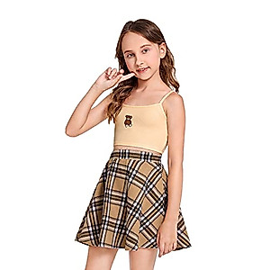 WDIRARA Girl's 2 Piece Cute Outfits Cartoon Print Cami Top and Plaid Skirt Set Multicolored 11-12Y