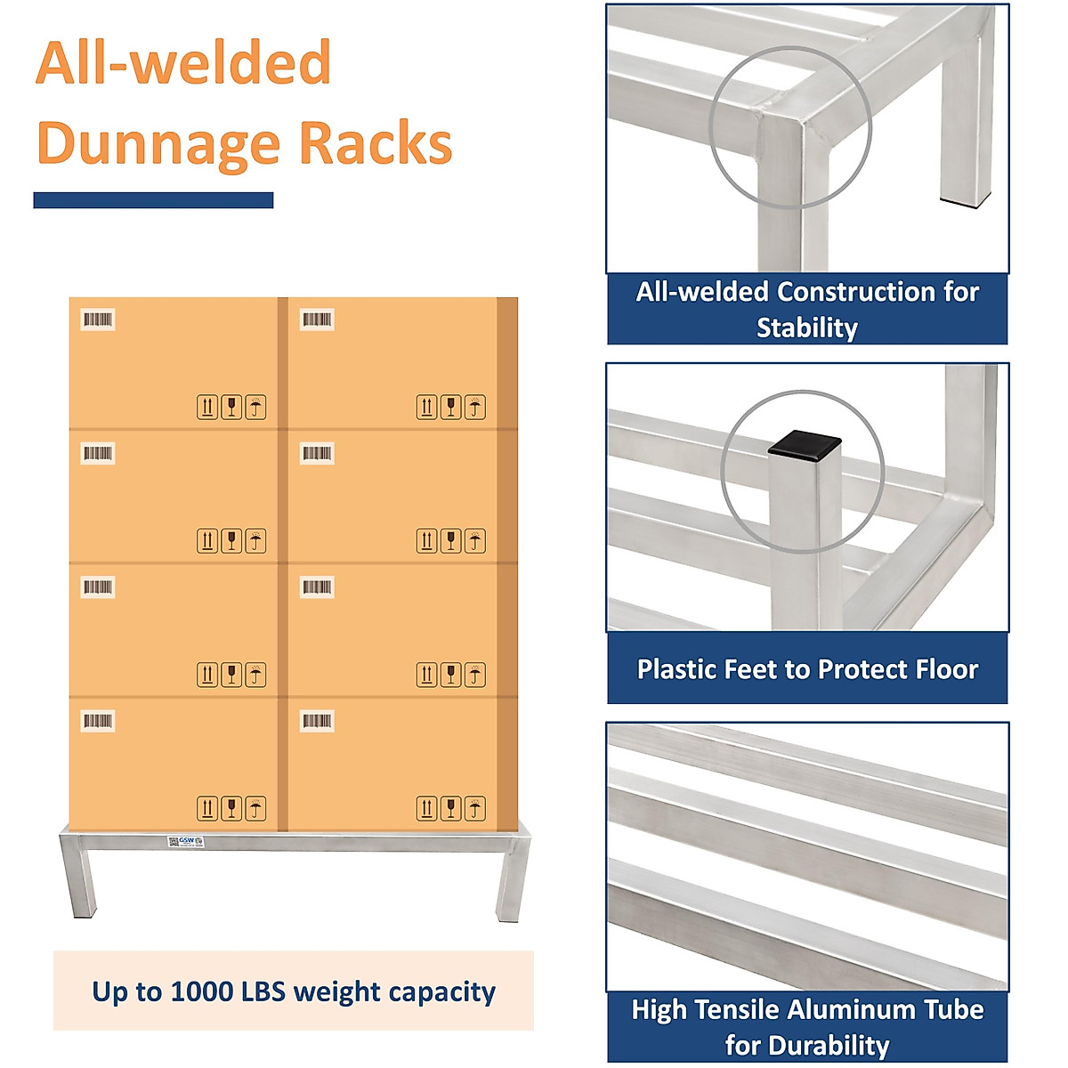 GSW 8-Inch High All Welded Aluminum Dunnage Racks with Plastic Feet, 36”L x 24”W x 8”H