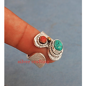 Turquoise And Coral Gemstone Ring Thumb Sterling Silver Natural Stone Ring Personalized Boho Ring (7.5)