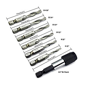 NORTOOLS Drill Tap HSS Combination Drill and Tap Set with 1/4 Inch Quick Change Adapter,6-32 to 1/4-20 Screw Tapping bit Tool