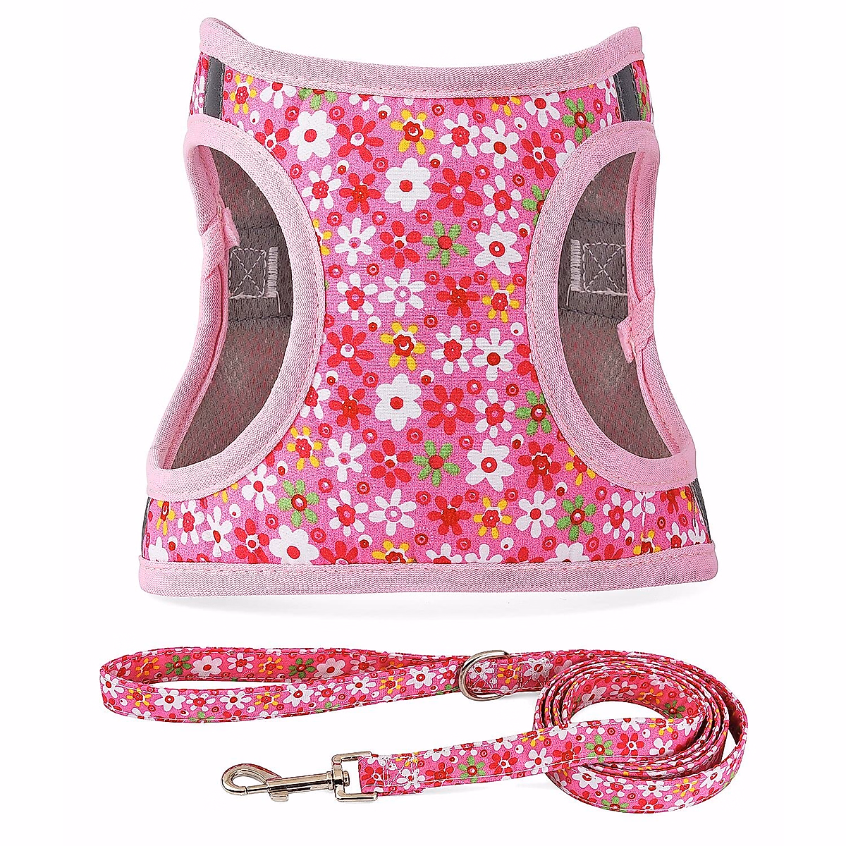 Moonpet Step in Air Dog Harness Leash Set- All Weather Reflective No-Pull Floral Pattern Padded Mesh Vest Harness for Cats Puppy Extra-Small Small Medium Large Dogs - Pink Flower - XXS