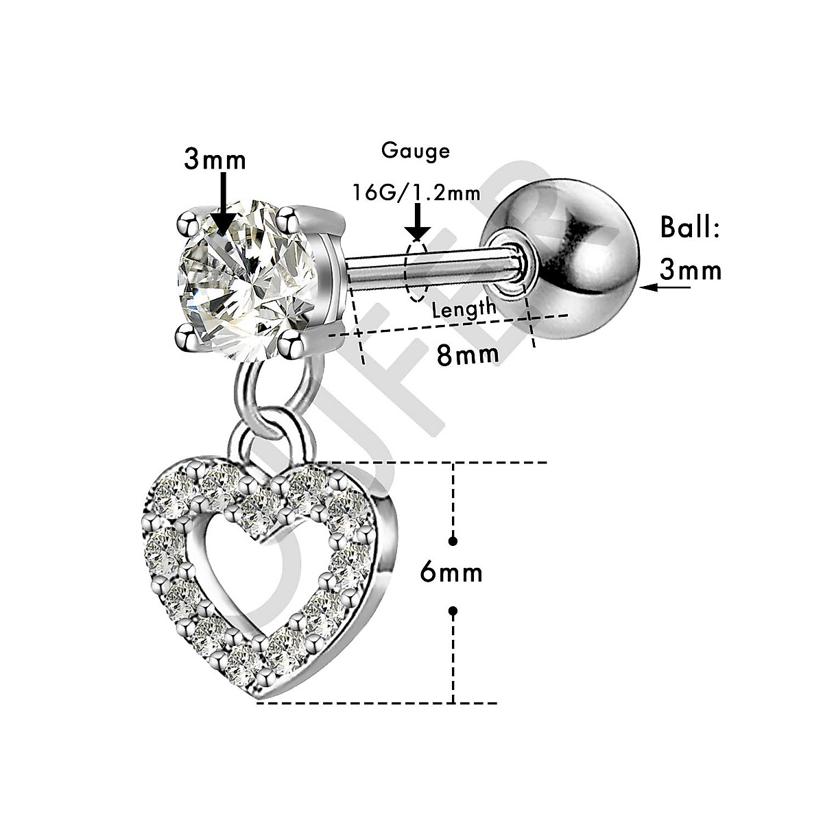 OUFER 16G 316L Stainless Steel Cartilage Earring Stud Heart Shape Dangle Helix Earrings Body Ear Piercing