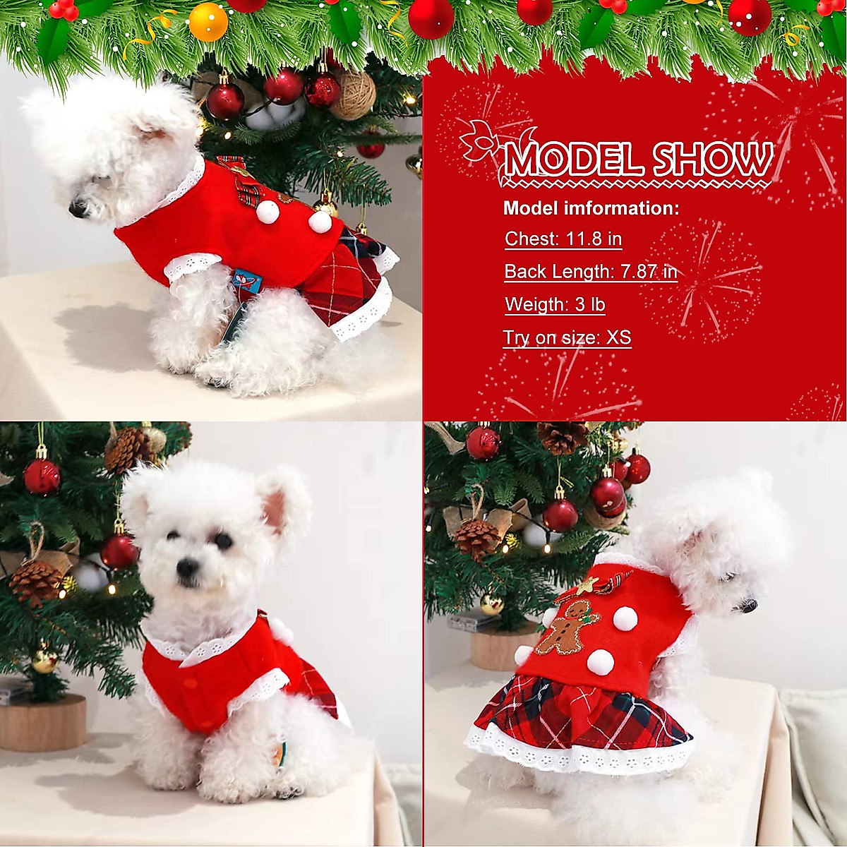 Dog Christmas Dress Clothes with Bow Plaid Lace Costume for Poodle Puppy Cat Small Dogs Sweater Fleece Warm Outfits for New Year Party Festival Thanksgiving
