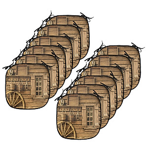 Lunarable Western Chair Cushion Pads Set 12, Old Wagon Wheel Next to Rustic Wooden House Vintage Window Buckets Cottage Print, Anti-Slip Seat Padding for Kitchen & Patio, 16"x16", Olive Green