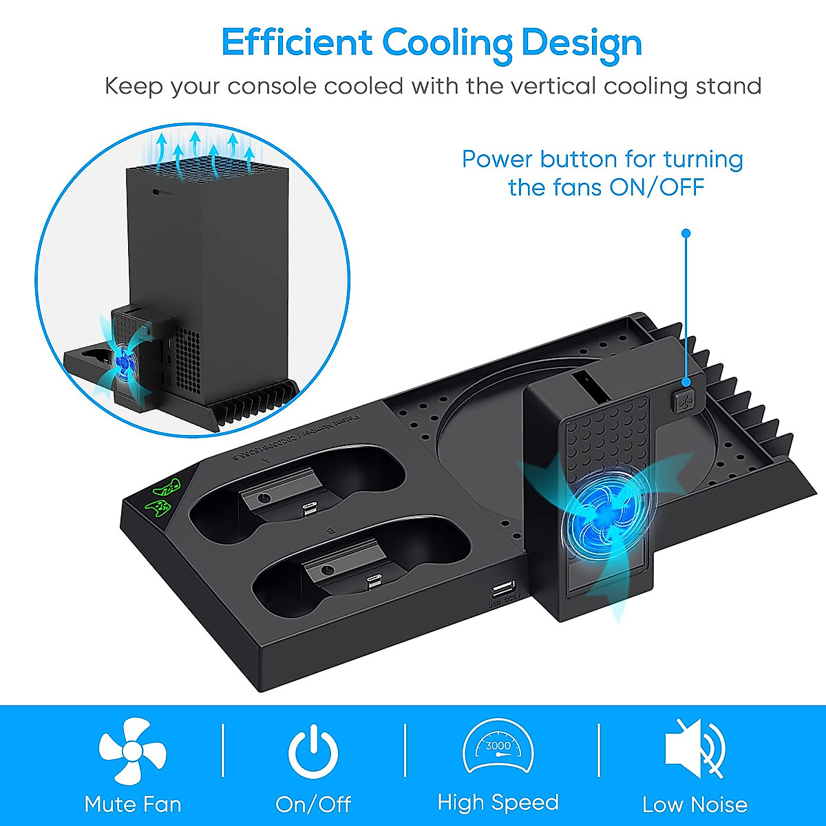 Vertical Cooling Stand Compatible with Xbox Series X with Cooling Fan, Cooling Station Dock with 10 Game Storage Organizer, Controller & Headphone Holder, 2X1400 mAh Rechargeable Battery Packs