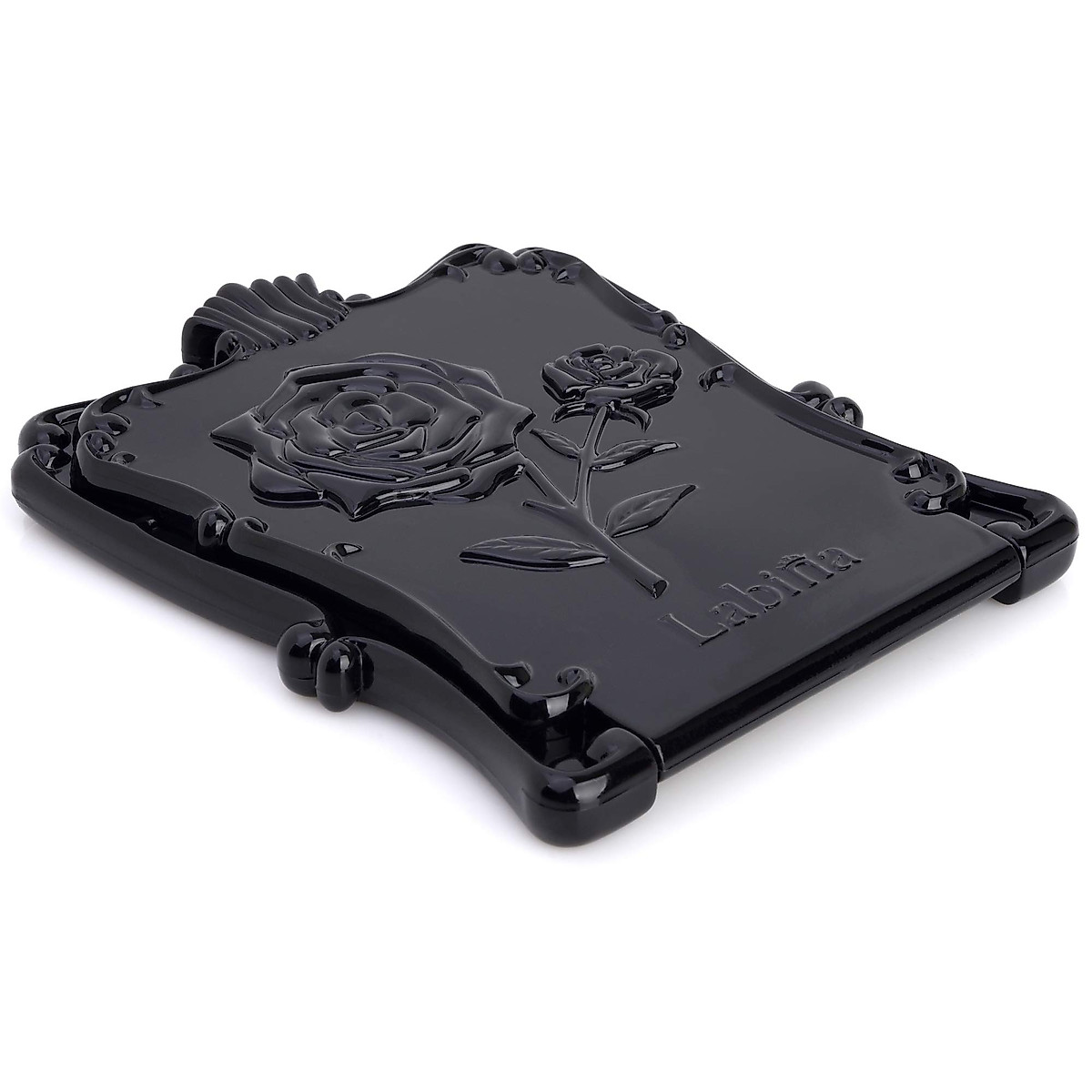 Travel Pocket Makeup Compact Handheld Mirror with Stand, Small Black Rose