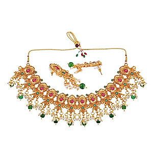 Efulgenz Indian Bollywood Traditional Gold Tone Crystal Faux pearl Kundan Wedding Strand Necklace Earrings Jewelry Set, Metal, No Gemstone