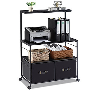 VECELO Fabric Lateral Filing Cabinet with 3 Open Storge Shelves Movable Printer Stand with 2 Large, Home Office, Suitable for A4 Or Letter Size,Black, 2 Drawer