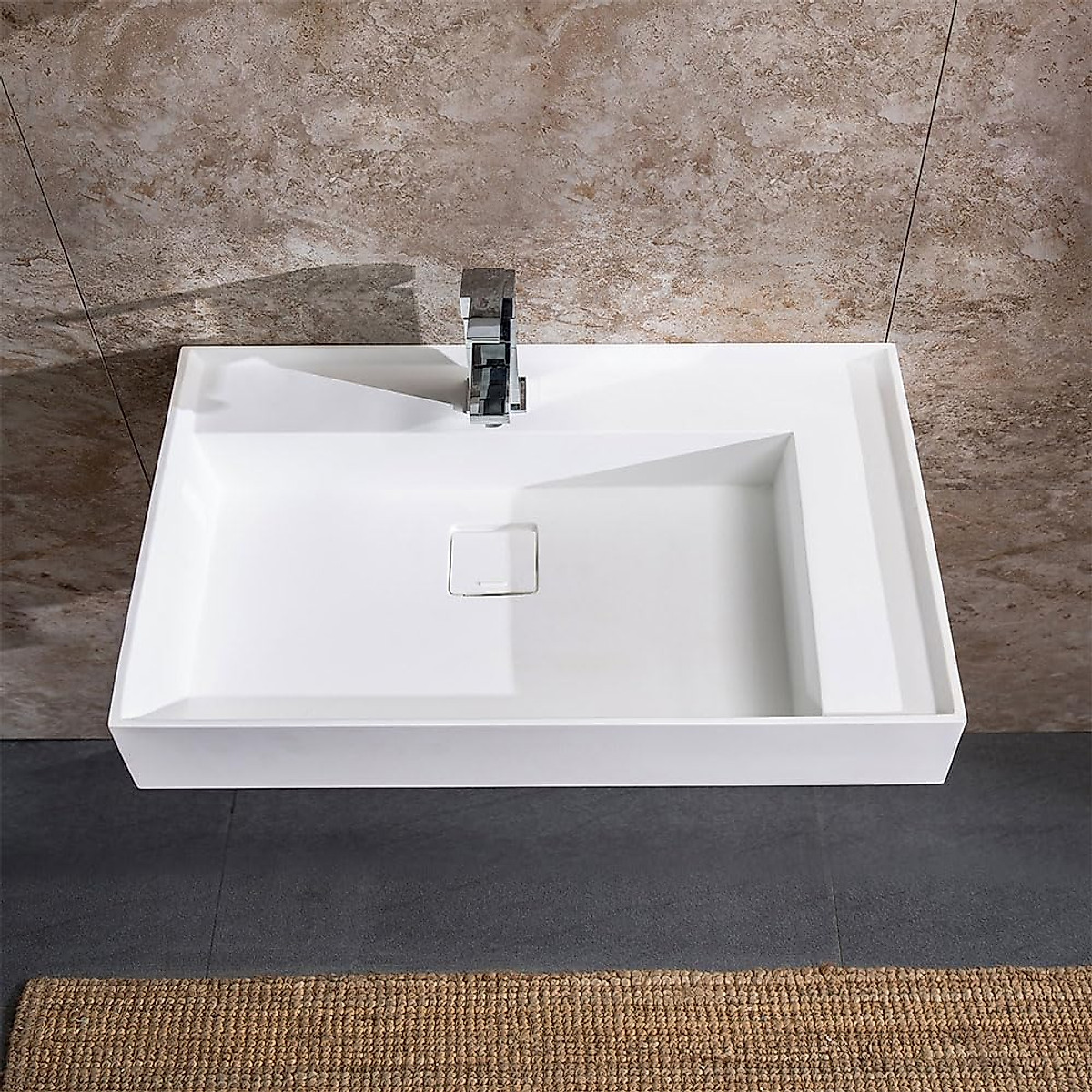 Dowell Wall Mounted Bathroom Sink Rectangular Bowl Stone Resin Sink ADA Compliant Vessel Sink Non-overflow & Single Faucet Hole Floating Sink Perfect for Every Bathroom - Single Bowl - 36" x 18"