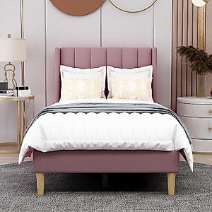 AGARTT Upholstered Platform Bed Frame Twin Size with Headboard and Footboard/Wooden Slats Support/No Box Spring Needed/Easy Assembly,Pink Velvet