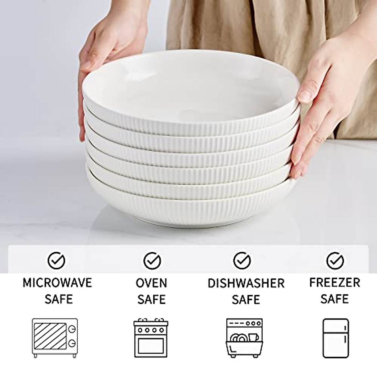 getstar Pasta Bowls, Large Salad Serving Bowls (8.5 inch 32 oz), Pasta Bowls Set of 6, Microwave Dishwasher Safe Shallow Bowl (White)