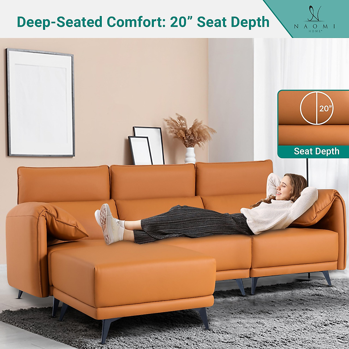 Naomi Home High Back Sectional Sofa, Pet-Friendly and Easy to Clean Oversized L-Shaped Sofa with Ottoman, Convertible Couch with Headrests and Armrest Pillows for Living Room or Apartment, Caramel