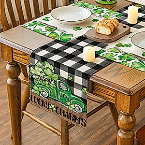 Artoid Mode Buffalo Plaid Truck Shamrock Lucky St. Patrick's Day Table Runner, Spring Holiday Kitchen Dining Table Decoration for Home Party Decor 13 x 72 Inch