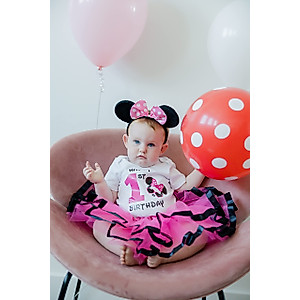 First Birthday Girl Outfit - Mouse Tutu Set (Pink and Black Tutu, 12M Short Sleeves)