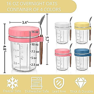 JQSSHXB 4 Pack Overnight Oats Containers with Lids and Spoons 16 Oz Glass Mason Jars for Overnight Oats Leak Proof Oatmeal Jars Great for Cereal Milk Vegetable Pudding Salad Yogurt Meal Prep