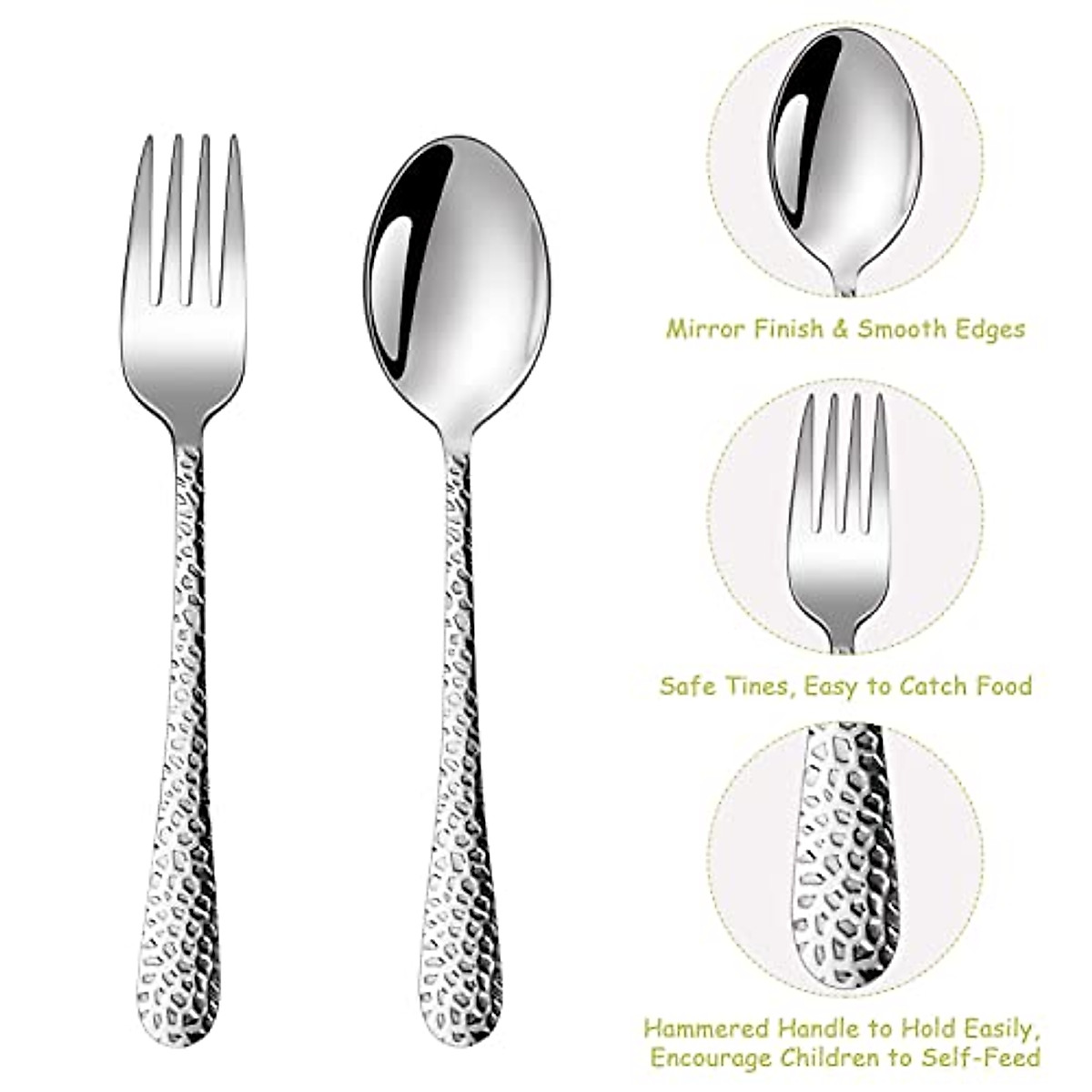 TeamFar Toddler Utensils, Stainless Steel Kids Silverware Children Spoons & Forks for Self Feeding at Home & Preschool, Healthy, Mirror Polished & Hammered Handle, Dishwasher Safe, Set of 6