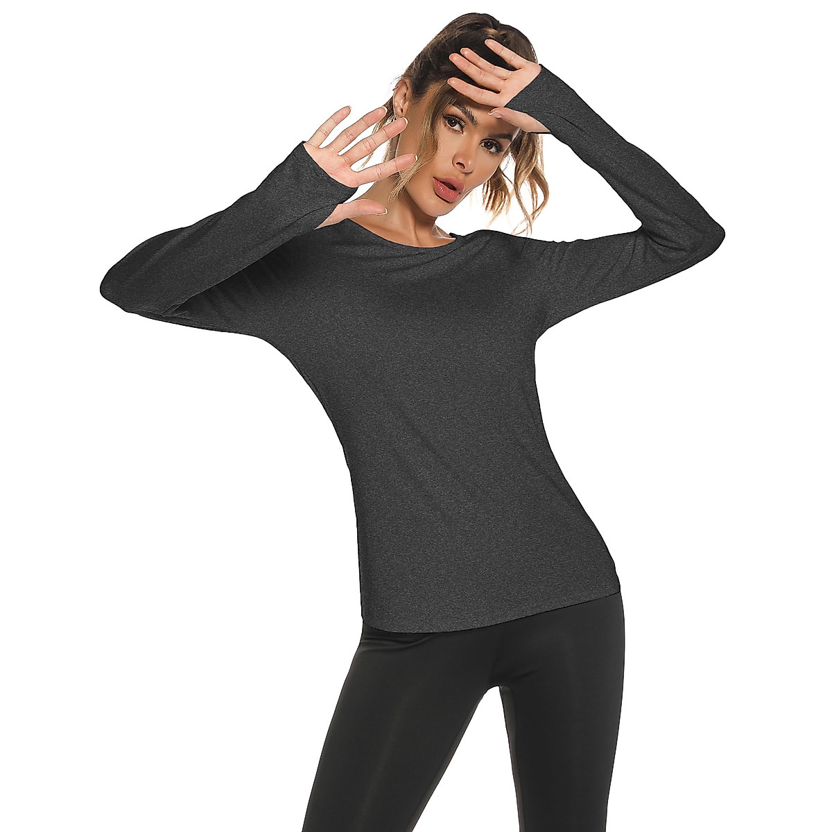 Back Long Sleeve Workout Tops for Women with Thumb Hole Backless Crewneck Gym Yoga Shirts Black