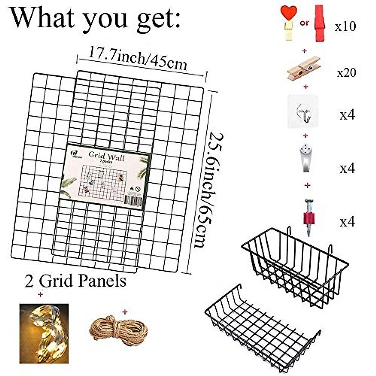 GBYAN 2 Pack Wall Grid Panels with Baskets Photo Display Wire Wall Organizer for Hanging Memo, Picture