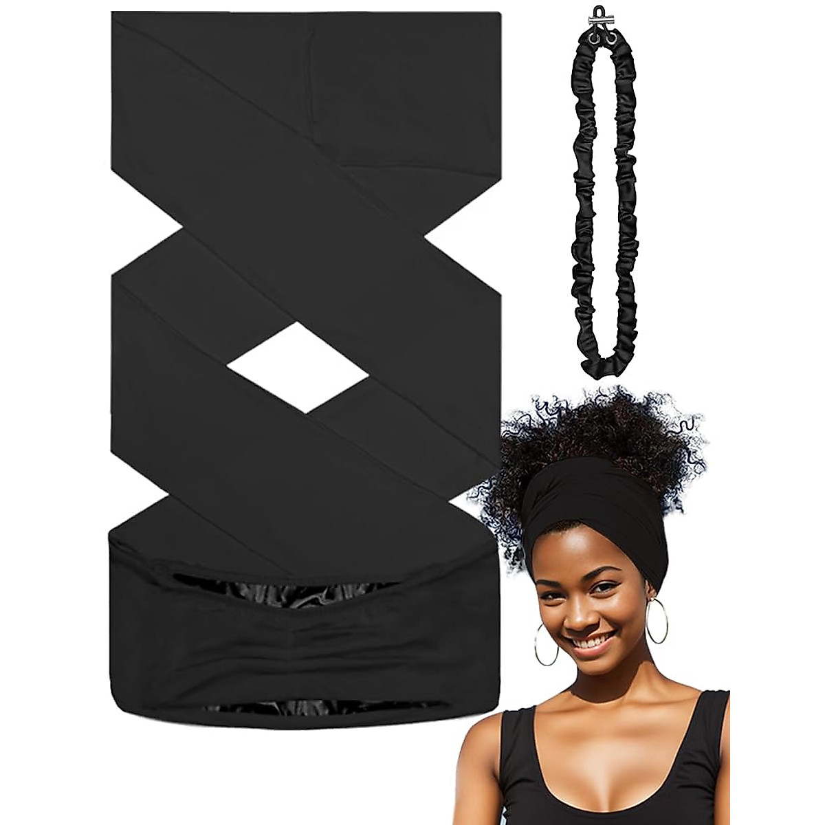 Stylish Satin Lined Open Turban for Unisex Women's Workout Headbands Non Slip Sport Sweatbands Yoga Hairbands for Travel Fitness, Black, 1 PCS