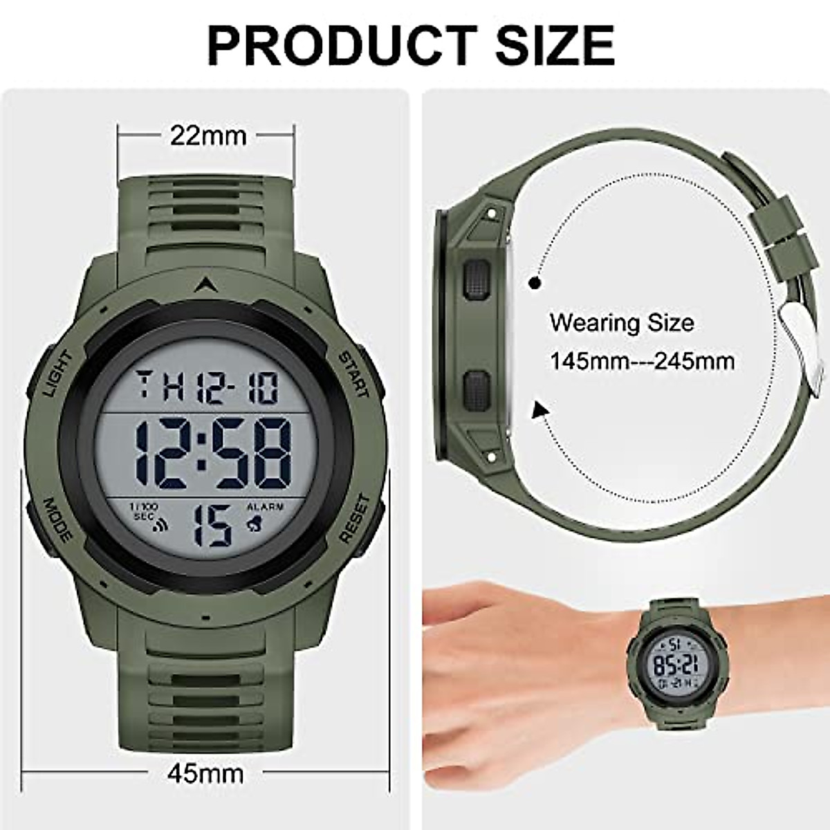 GOLDEN HOUR Mens Waterproof Digital Sport Watches Wide Screen Easy Read Display Military Style with Green Rubber Strap