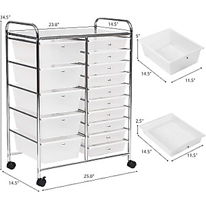 LDAILY 15-Drawer Rolling Storage Cart, Multipurpose Rolling Storage Cart, Storage Organizer on Wheels, Durable Metal Frame, Scrapbook Paper Tools, Suitable for Office School (Clear)