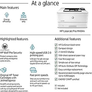 HP Laserjet Pro M404n Black and White Single-Function Wired Laser Printer, White - Print only - 2-line LCD Display, 40 ppm, 4800 x 600 dpi, Ethernet, Hi-Speed USB, Cbmoun Printer_Cable