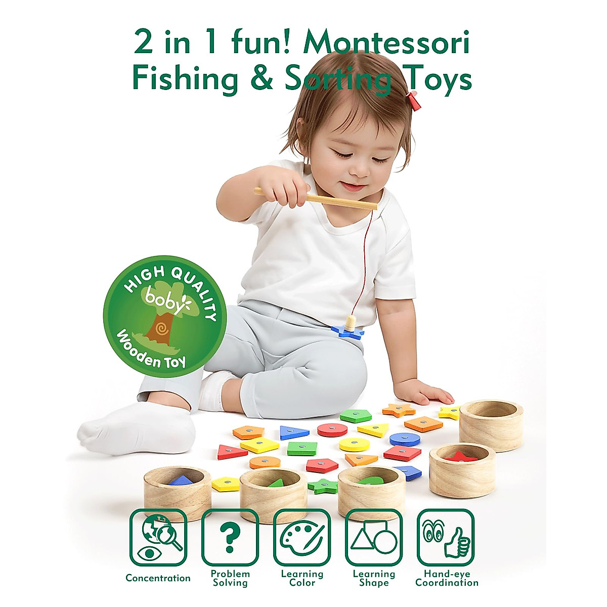 Boby Montessori Wooden Magnetic Fishing Game Child Toys Shape&Colors Sorting Cupcakes for Toddlers 2-4 Years Matching Games for Toddlers