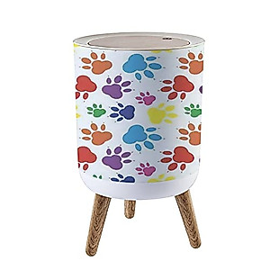 Small Trash Can with Lid Paw Seamless colored silhouettes of paw cats feet dogs footprint Garbage Bin Wood Waste Bin Press Cover Round Wastebasket for Bathroom Bedroom Kitchen 7L/1.8 Gallon