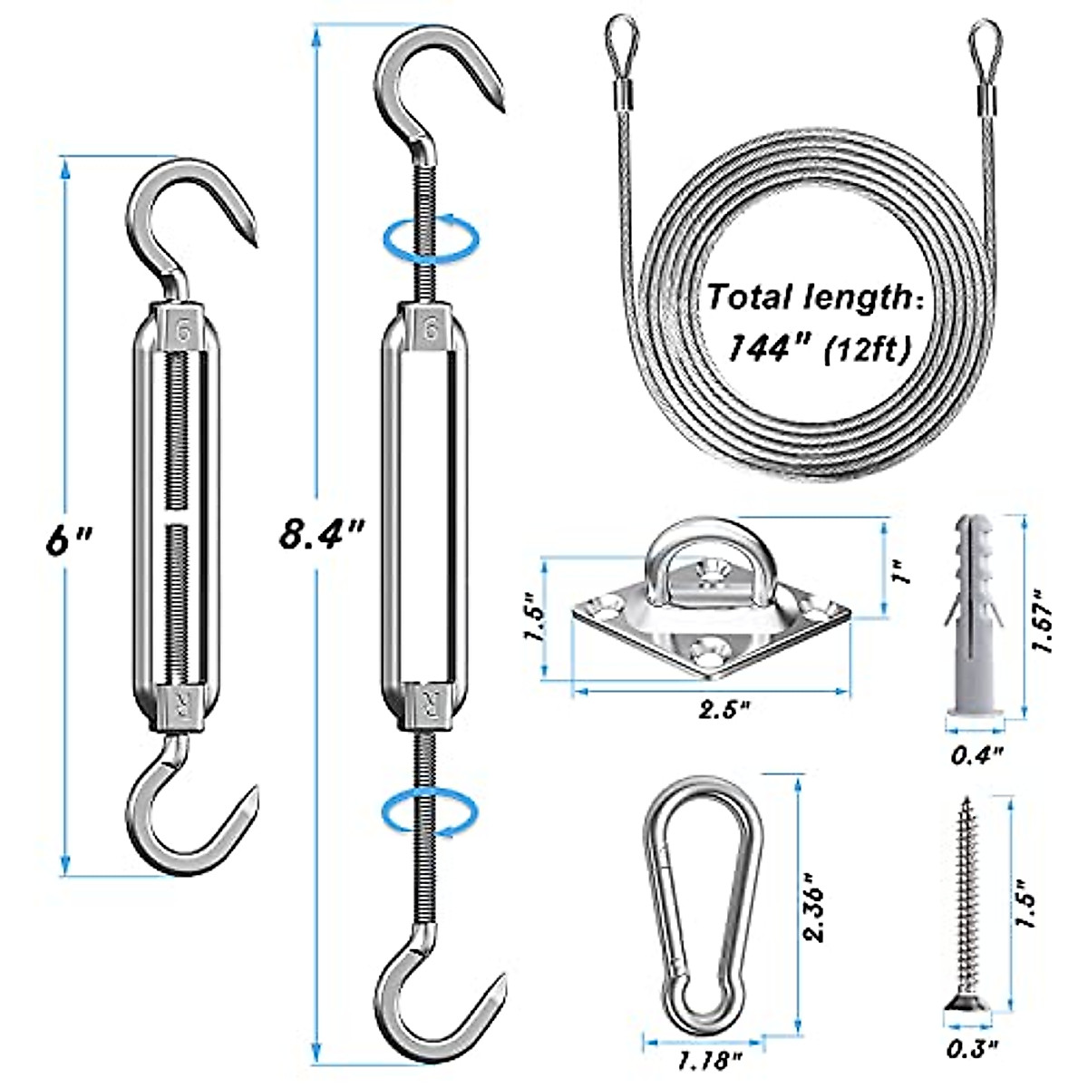 HDYAR 84 Pcs Sun Shade Sail Hardware Kit with Cable Wire Rope for Rectangle Square Triangle Shade Sail Installation, 6 inch 304 Grade Stainless for Garden,Outdoors,DIY Crafts,Railing