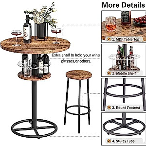 VECELO 3 Piece Bar Table and Chairs Counter Height Bistro Sets with 2 Barstools for Indoor, Small Space Restaurant, Brown