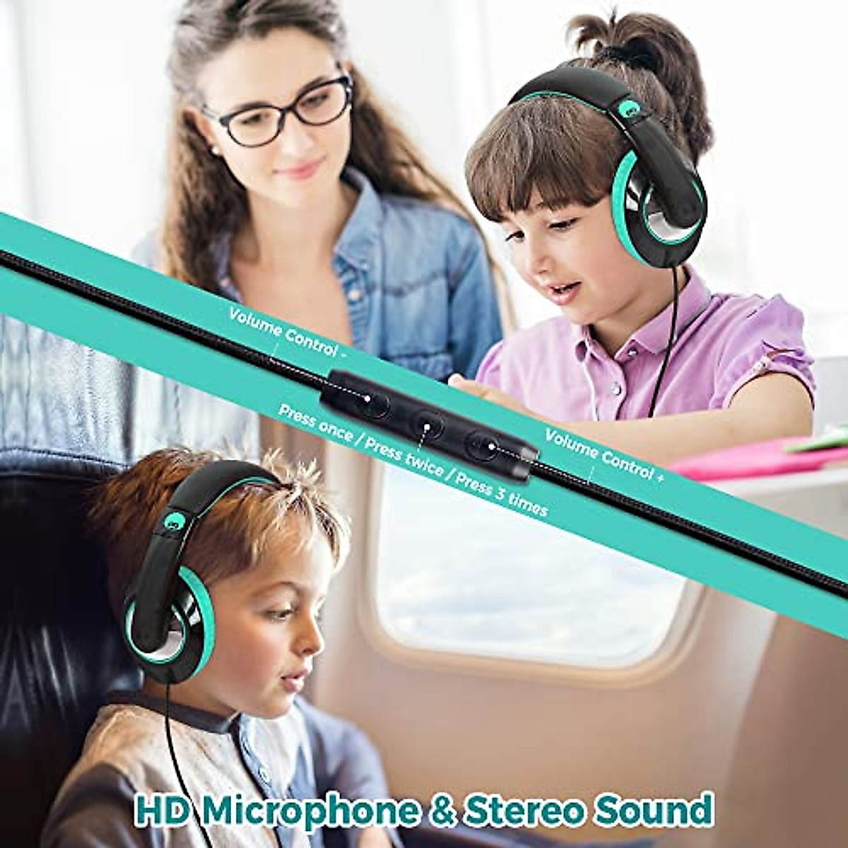 rockpapa Comfort+ Kids Headphones with Microphone, Boys Girls Student Over-Ear Headphones Wired for School Classroom Laptop PC Computer Tablet Black Teal