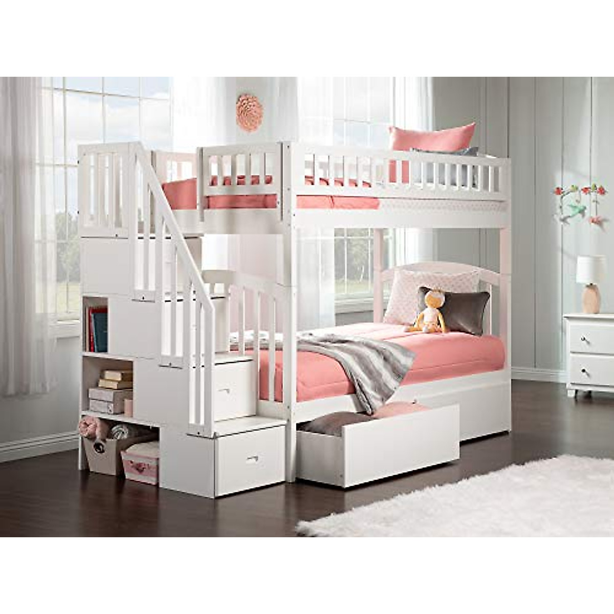 AFI Westbrook Staircase Bunk Twin Over Twin with Turbo Charger and Urban Bed Drawers in White