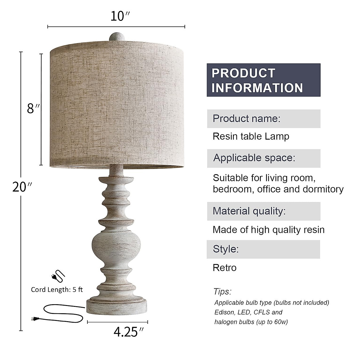 BOBOMOMO Tradition 20" Rustic Table Lamp Set of 2 for Living Room Bedroom Bedside Desk Lamps Bedroom Nightstand Vintage Lamps Linen, 10.00×10.00×20.00 inch, AMZ-T2026AWW