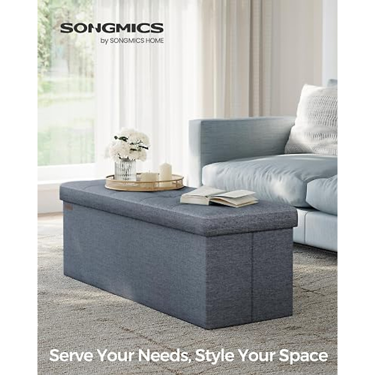 SONGMICS Storage Ottoman Bench, Foldable Ottoman Foot Rest, 15 x 43 x 15 Inches, End of Bed Bench, Storage Chest, Load up to 660 lb, for Living Room, Bedroom, Entryway, Misty Blue ULSF077Q01