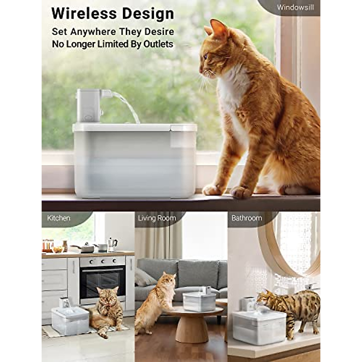 DownyPaws Wireless Cat Water Fountain, Battery Operated Automatic Pet Water Fountain with Motion Sensor, 84oz/2.5L Ultra Quiet Dog Water Dispenser Inside